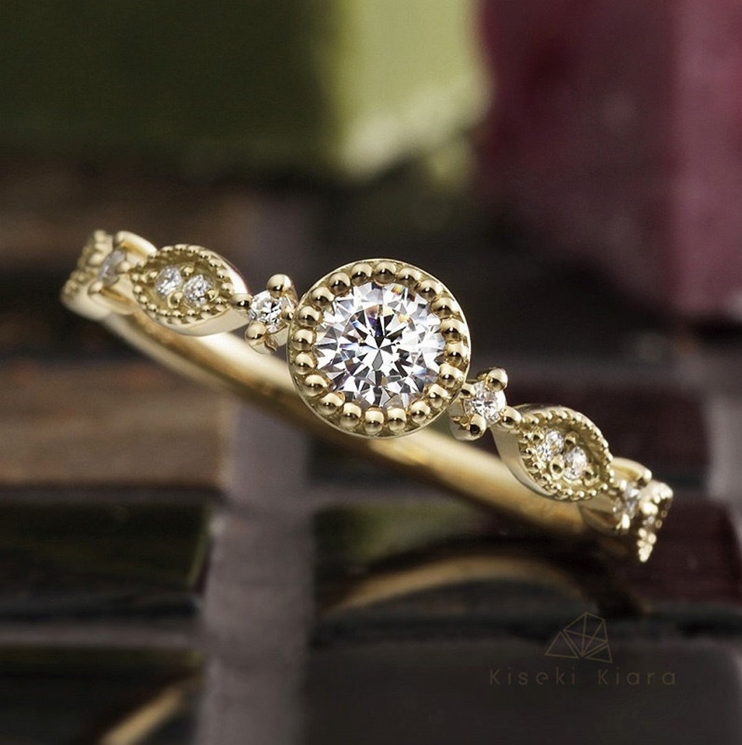 14K Milgrain Bezel Engagement Ring, Vintage Style Solitaire Wedding ...