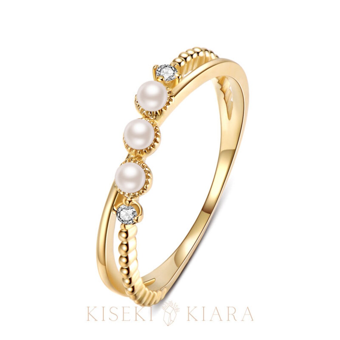 18k Solid Gold Criss Cross Ring Three Mini Freshwater Pearls - Etsy