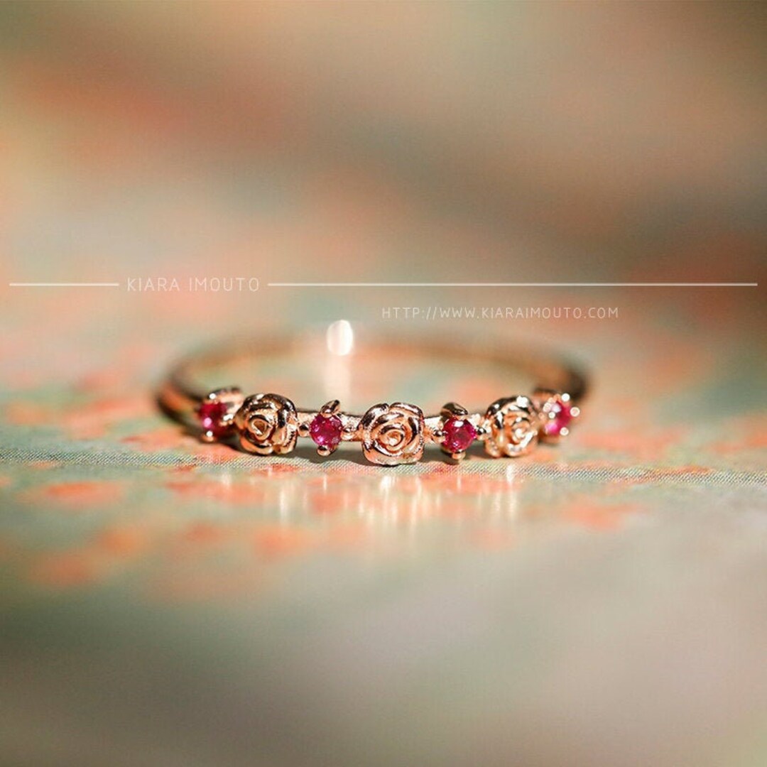 Vintage Rose Flower Ruby Wedding Band, Rose Gold Ruby Anniversary Rings ...