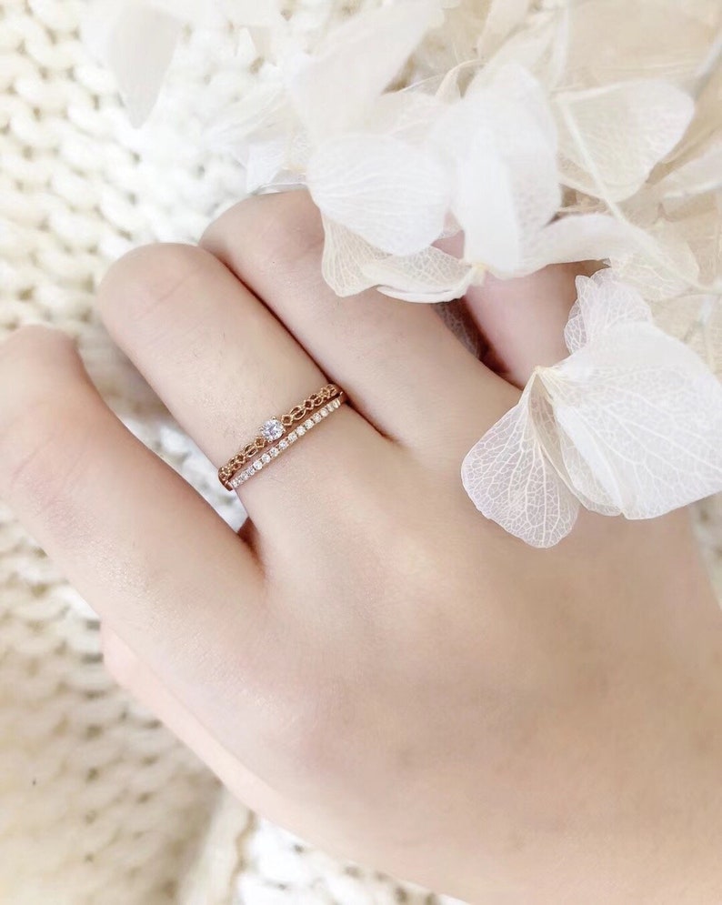 14K Gold Double Layer Diamond Stacked Engagement Ring Simple - Etsy