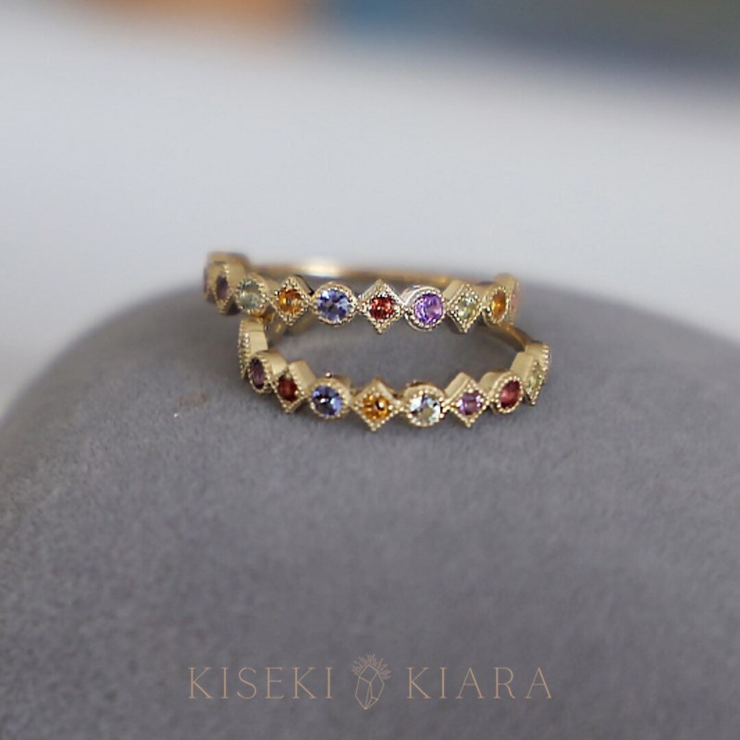 14K Rainbow Wedding Bands, Rainbow Gemstones Ring, Colorful Birthstone ...