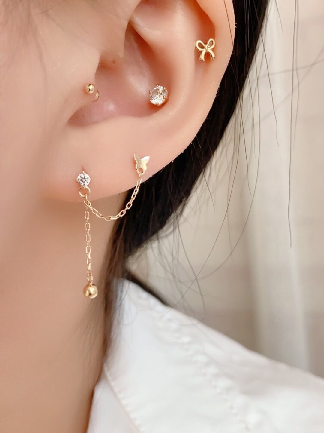 10k Gold Butterfly Double Piercing Cartilage Studs, Screw Back Threader ...