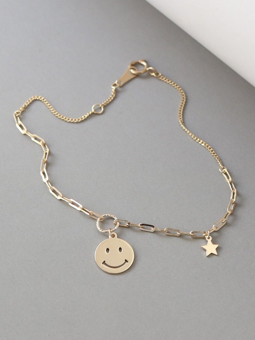 14k Solid Gold Smiley Face Bracelets, Happy Face Emoji, Layered ...