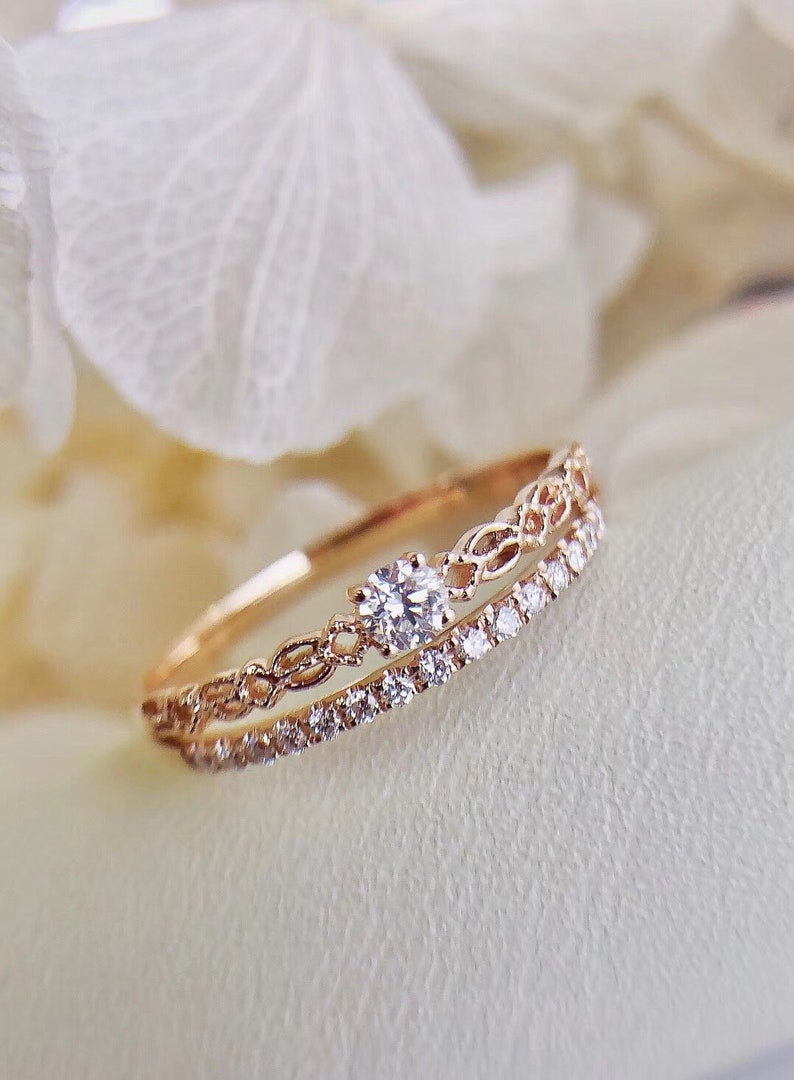 14K Gold Double Layer Diamond Stacked Engagement Ring Simple - Etsy