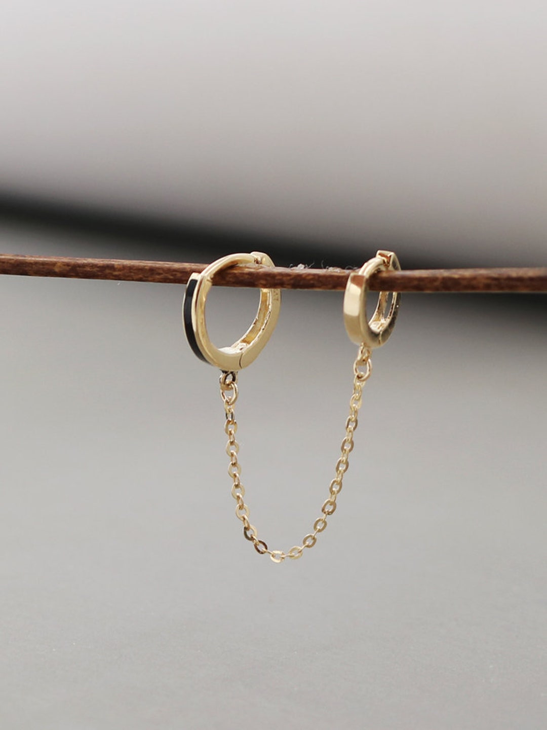 10k Solid Gold Double Hoop Connector Huggies, Dangle Chain Earrings ...