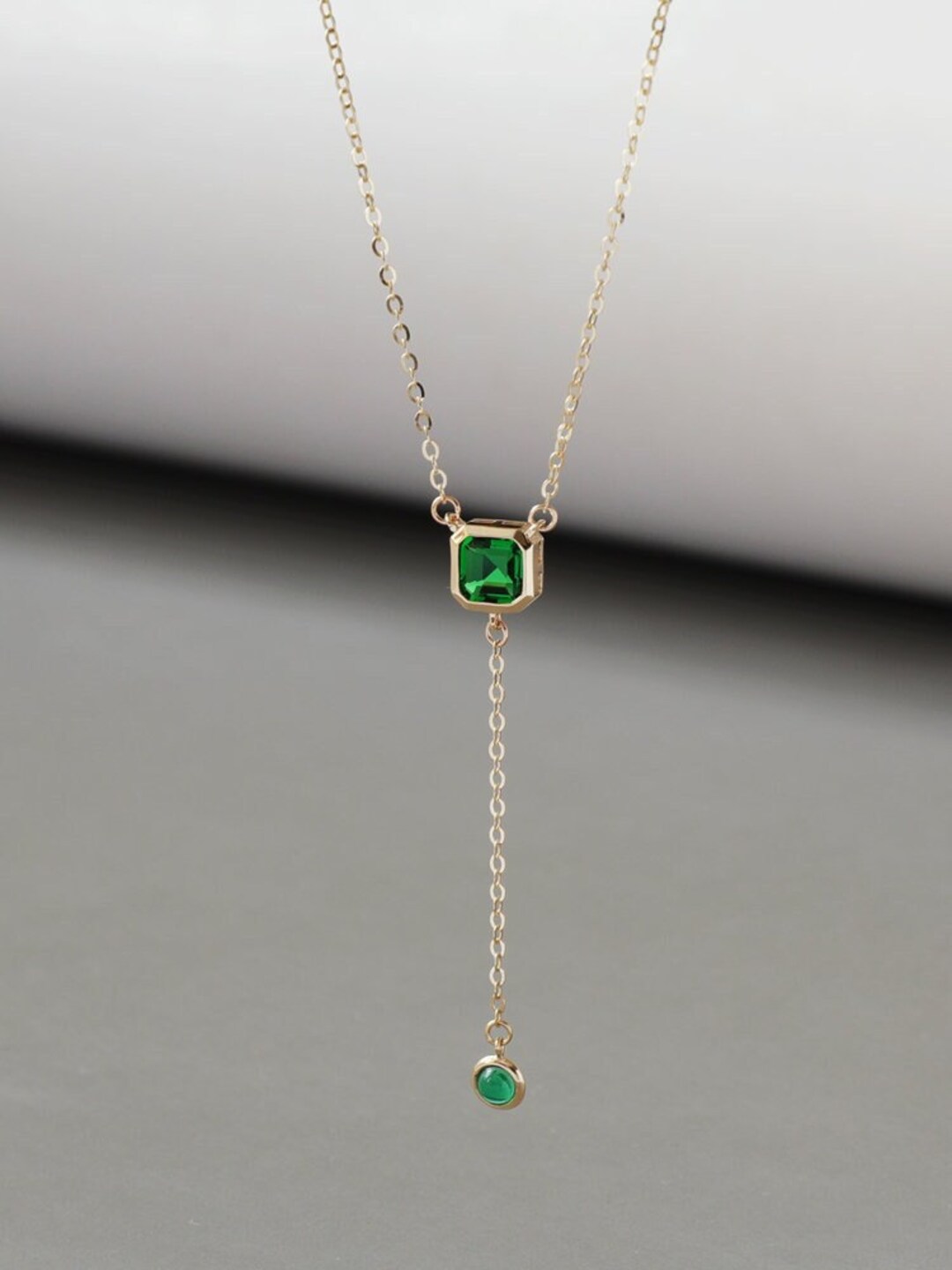 Elegant 14k Solid Gold Square Emerald Y Lariat Drop Necklace ...