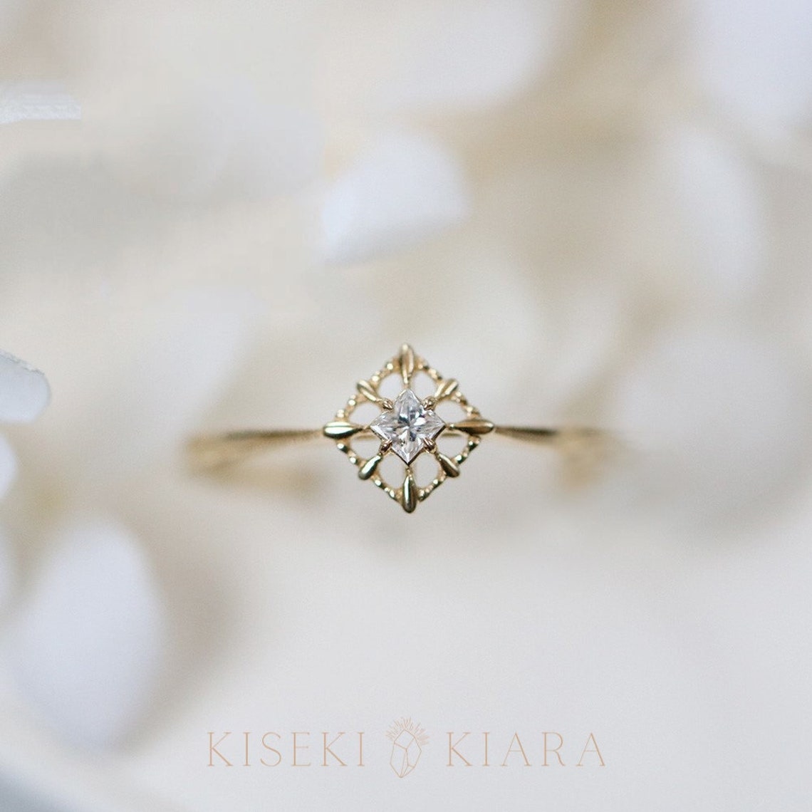 14K Pure Gold Japanese Vintage Princess Cut Real Diamond Ring - Etsy