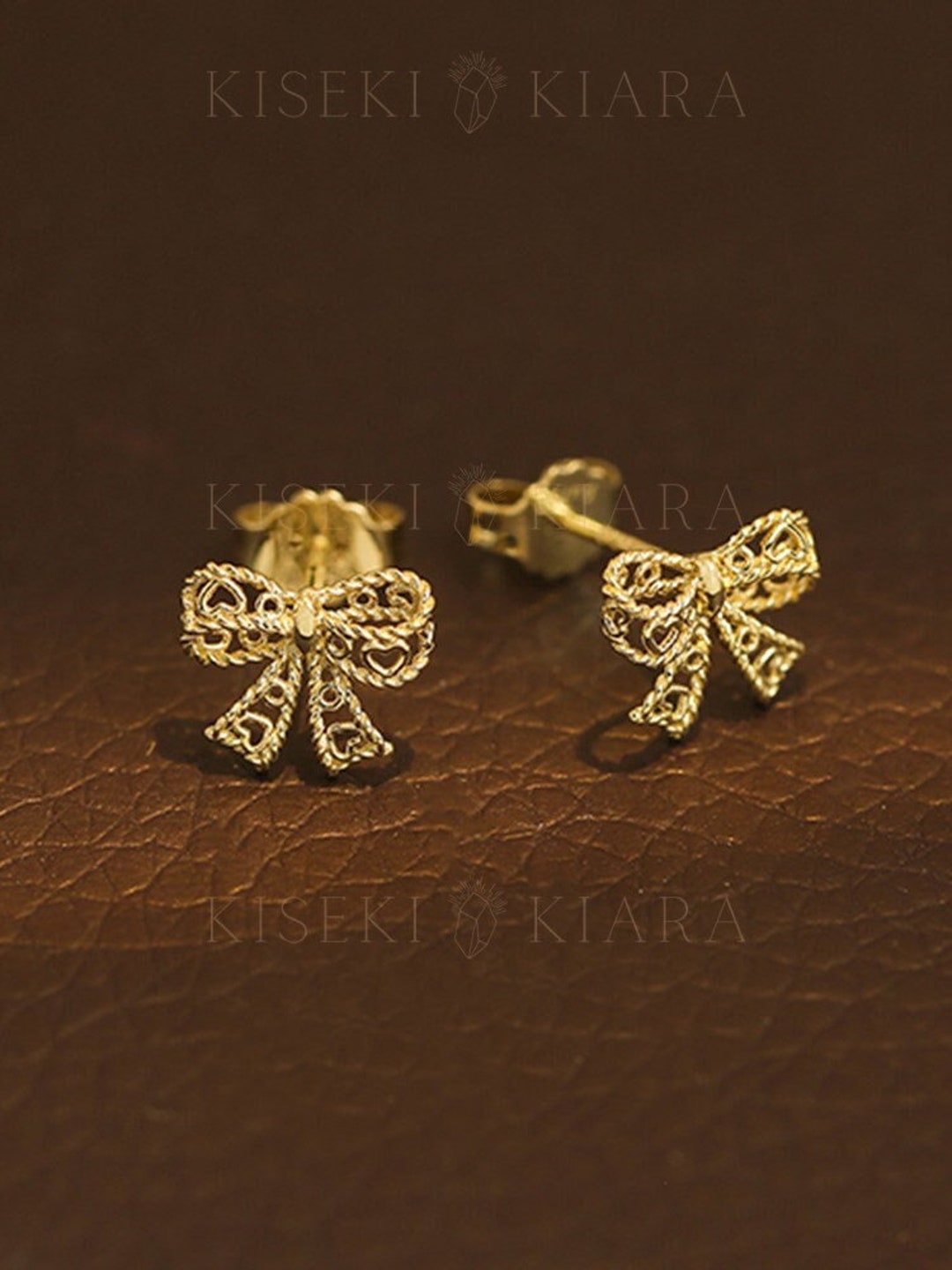 18K Solid Gold Lace Bow Stud Earrings, Unique Ribbon Charm Studs, Cute ...