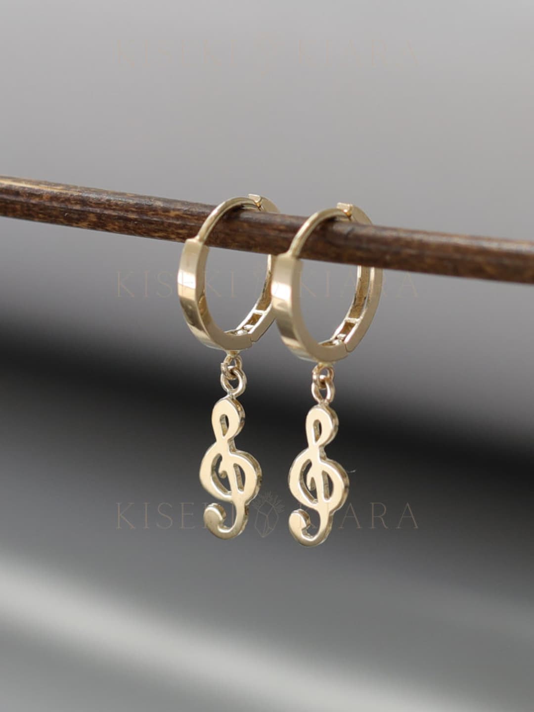 10k Solid Gold Musical Note Drop Earrings, G Clef Symbol Hoop Earrings ...
