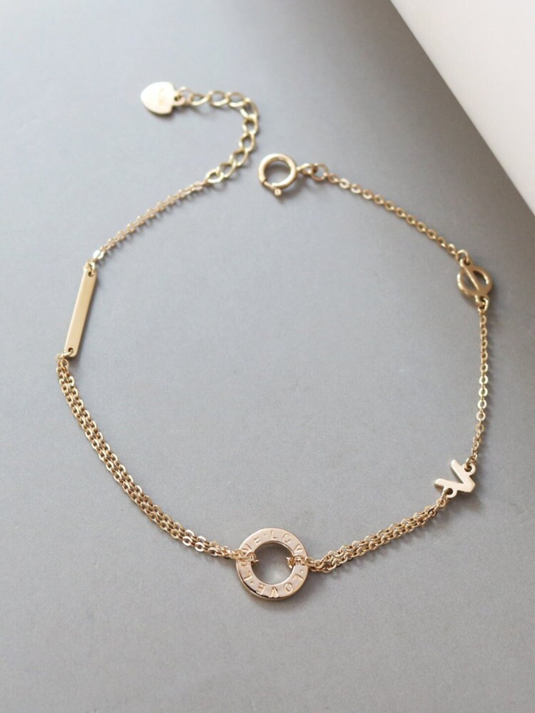 14k Solid Gold LOVE Alphabet Bracelet, Love Symbol Bracelets, Heart ...