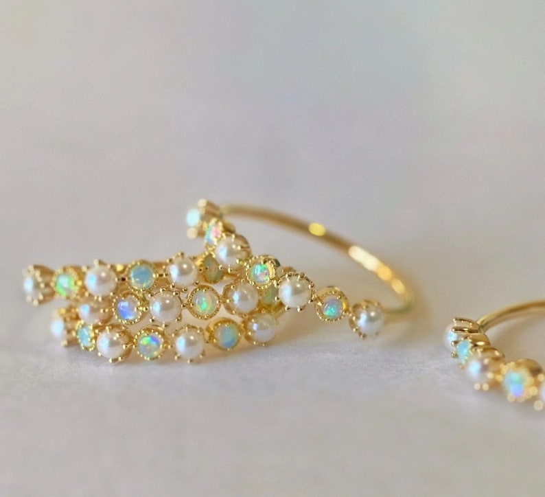 Akoya Pearl and Australian Opal Birthstone Rings Stackable - Etsy