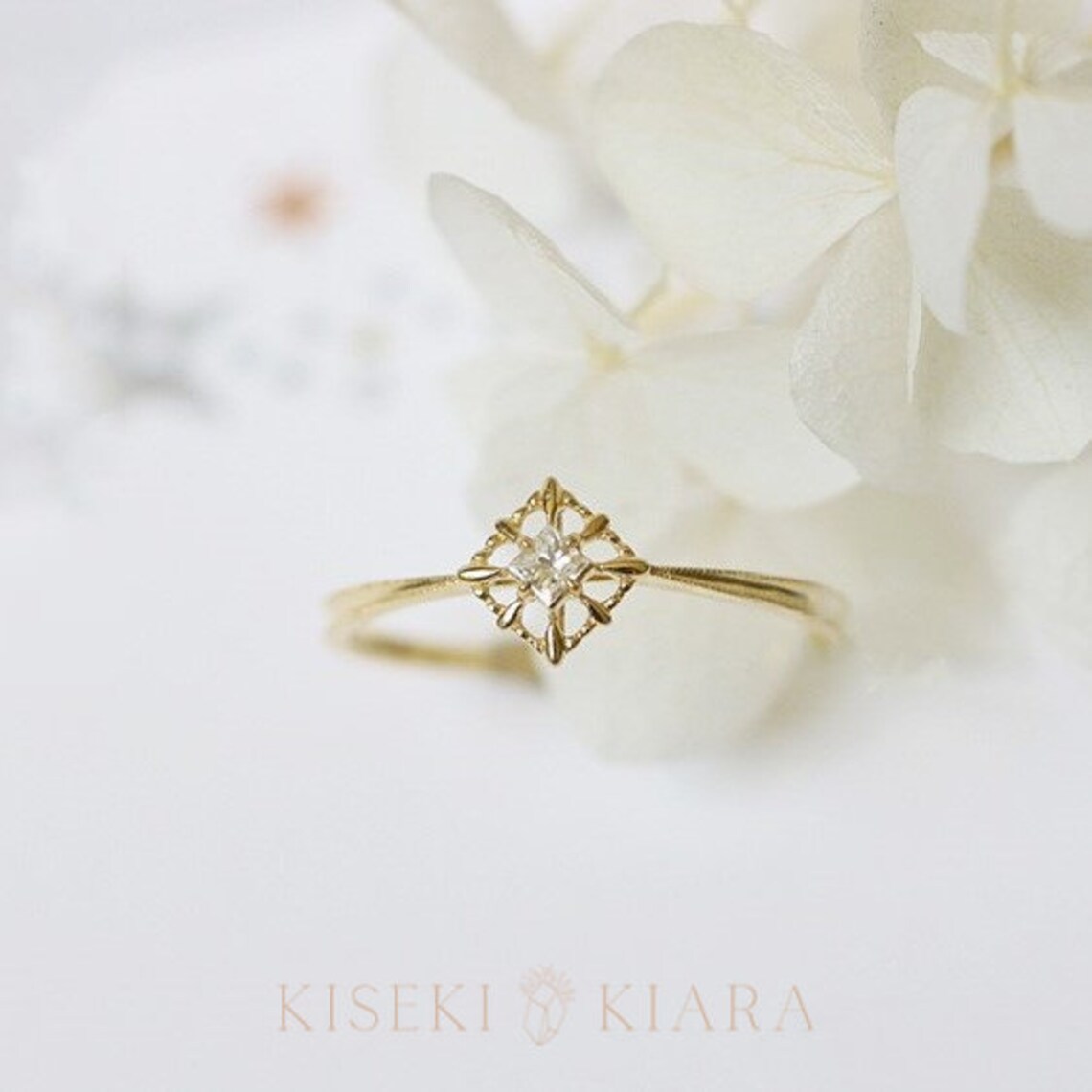 14K Pure Gold Japanese Vintage Princess Cut Real Diamond Ring - Etsy