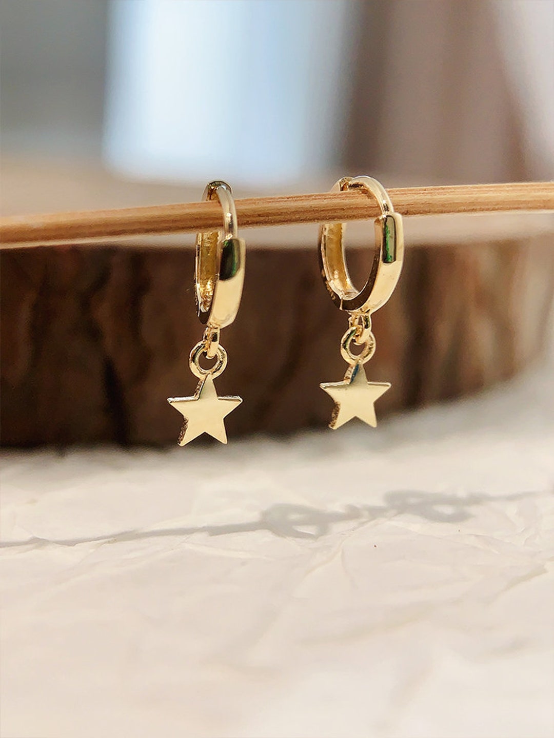 10k Solid Gold Star Dangle Earrings, Minimalist Star Drops, Elegant ...