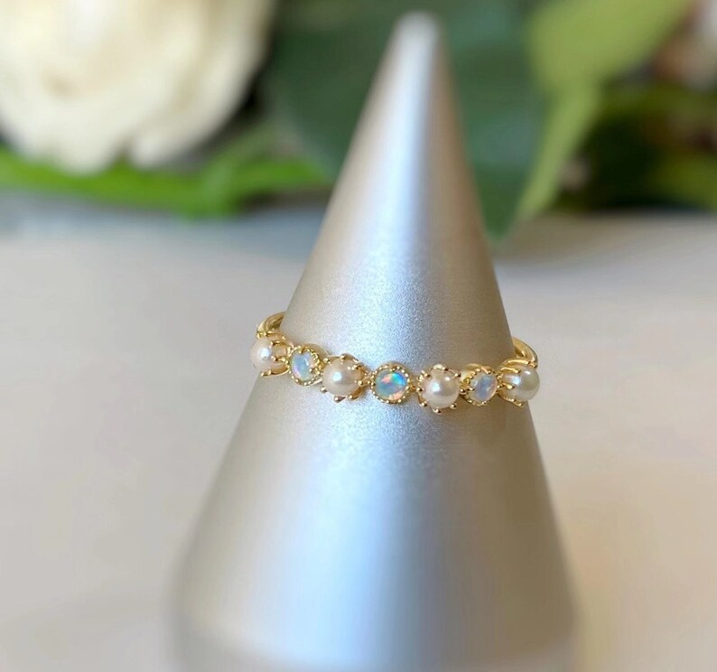 Akoya Pearl and Australian Opal Birthstone Rings Stackable - Etsy