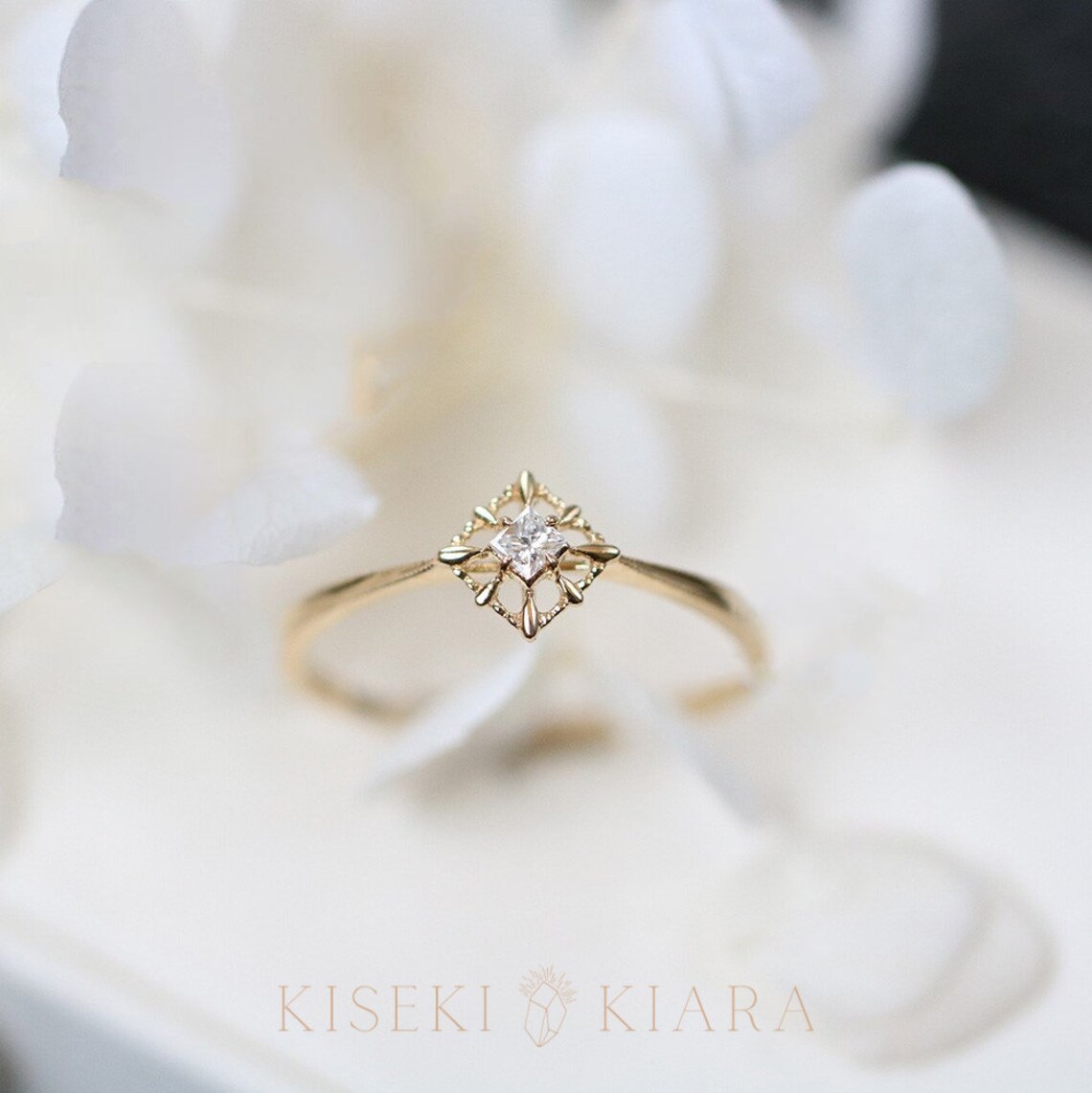 14K Pure Gold Japanese Vintage Princess Cut Real Diamond Ring - Etsy