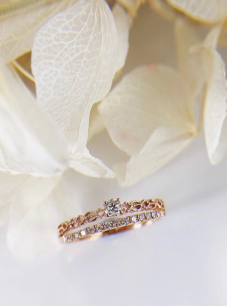 14K Gold Double Layer Diamond Stacked Engagement Ring Simple - Etsy