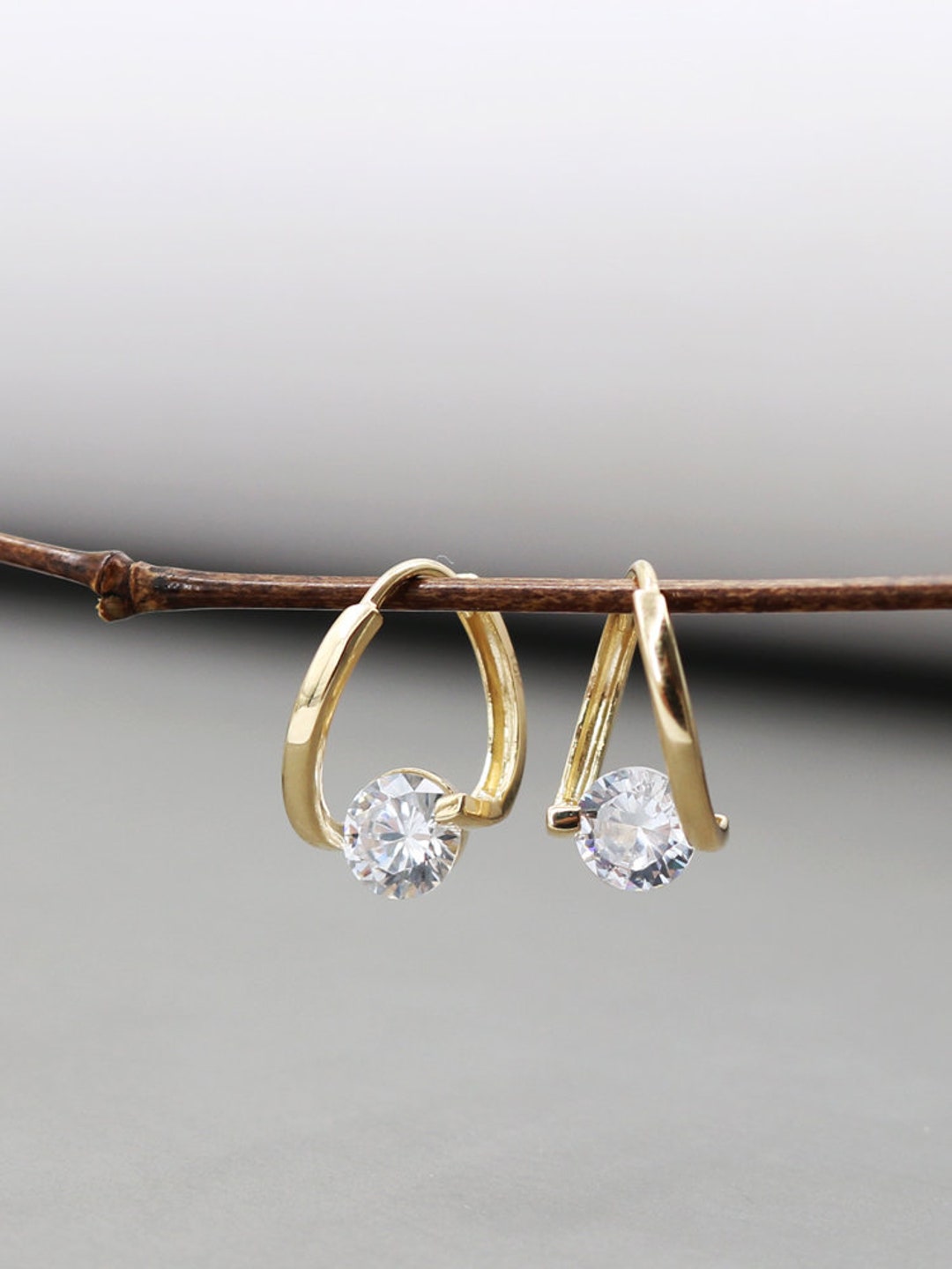 10k Solid Gold Twisted Cz Diamond Hoop Earrings, Stackable Earrings ...