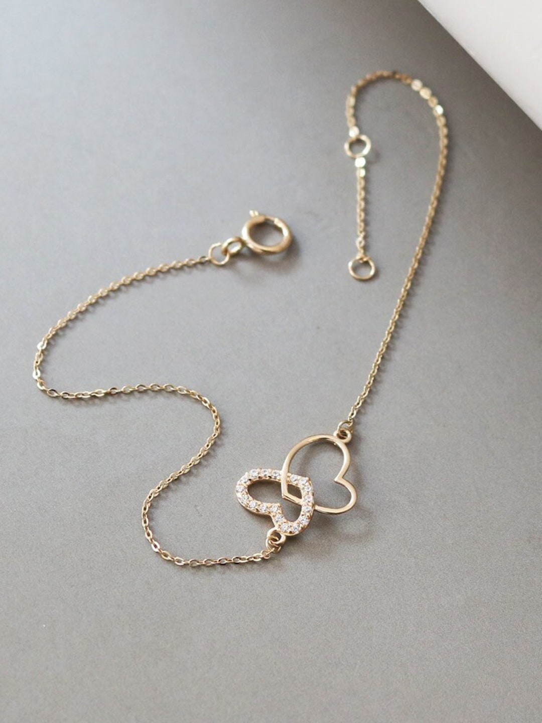 14k Solid Gold Double Heart Interlocking Love Bracelet, Bejewelled ...