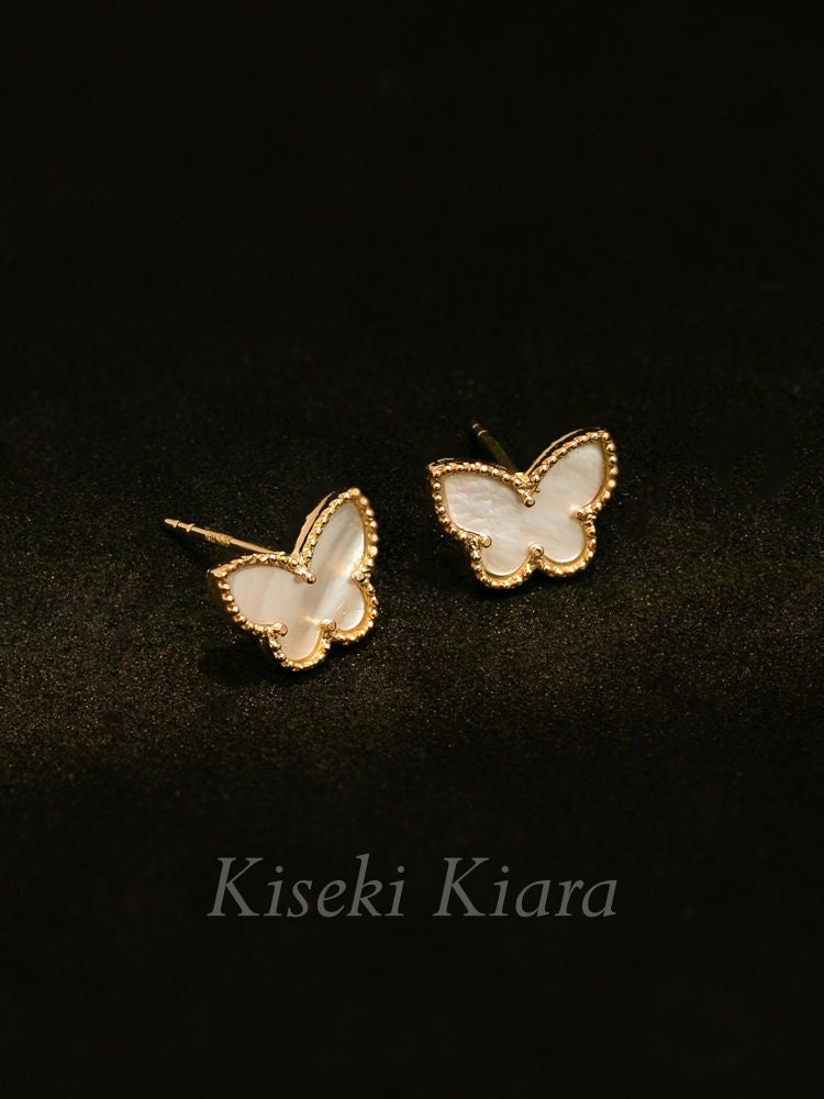 KisekiKiara 14K Solid Gold Mother of Pearl White Butterfly Earrings Carnelian Red Butterfly Van Earrings for Women Elegant Cleef Handcrafted Earrings