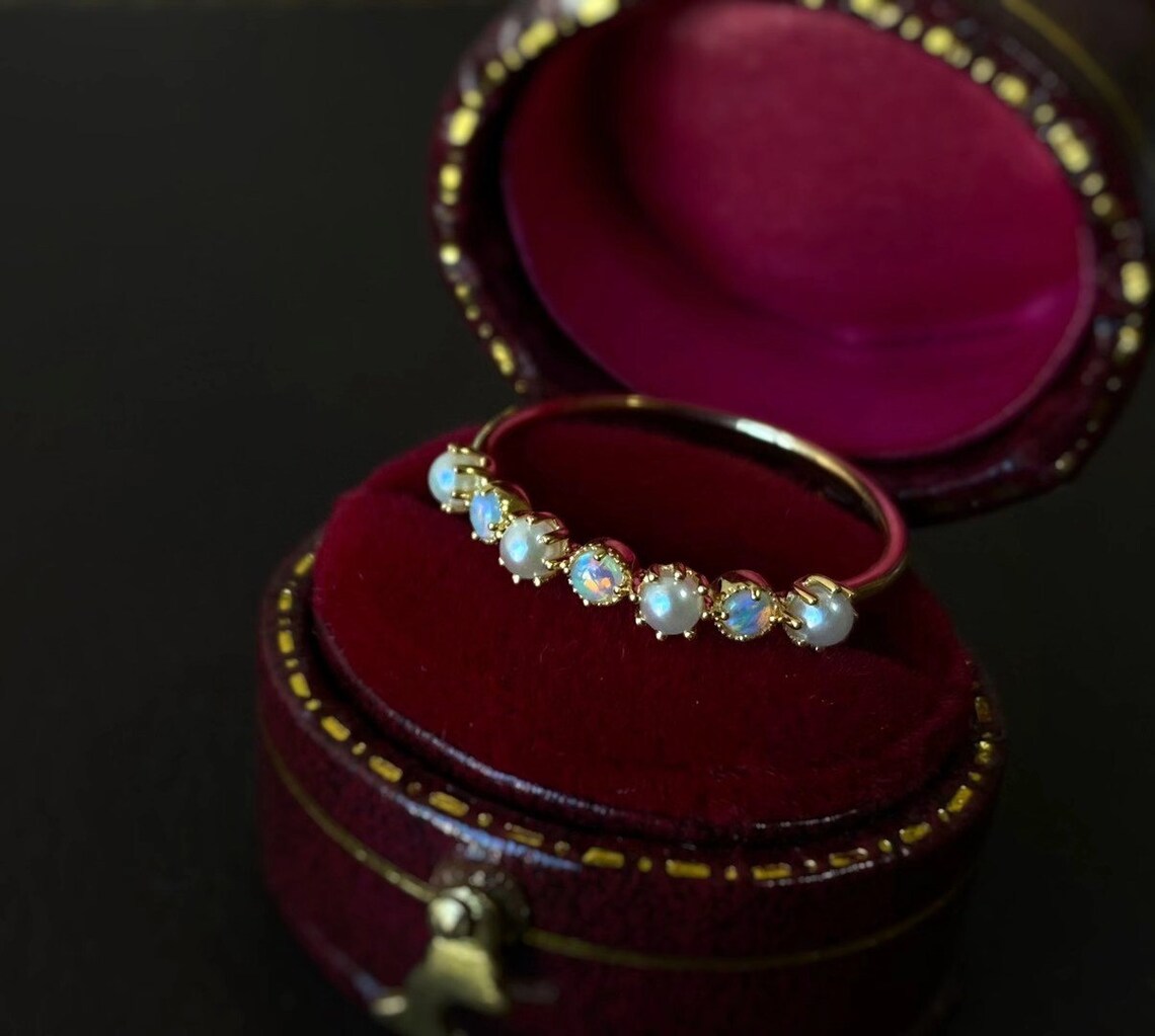 Akoya Pearl and Australian Opal Birthstone Rings Stackable - Etsy