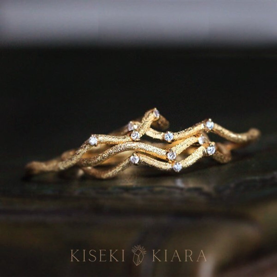 18K Solid Yellow Gold Ocean Wave Ring, Genuine Diamond Ring, Sandblast ...
