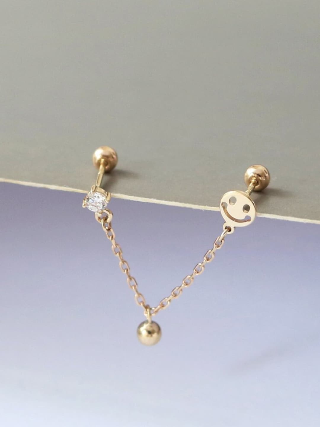 10k Gold Smiley Face Double Piercing Cartilage Studs, Screw Back ...