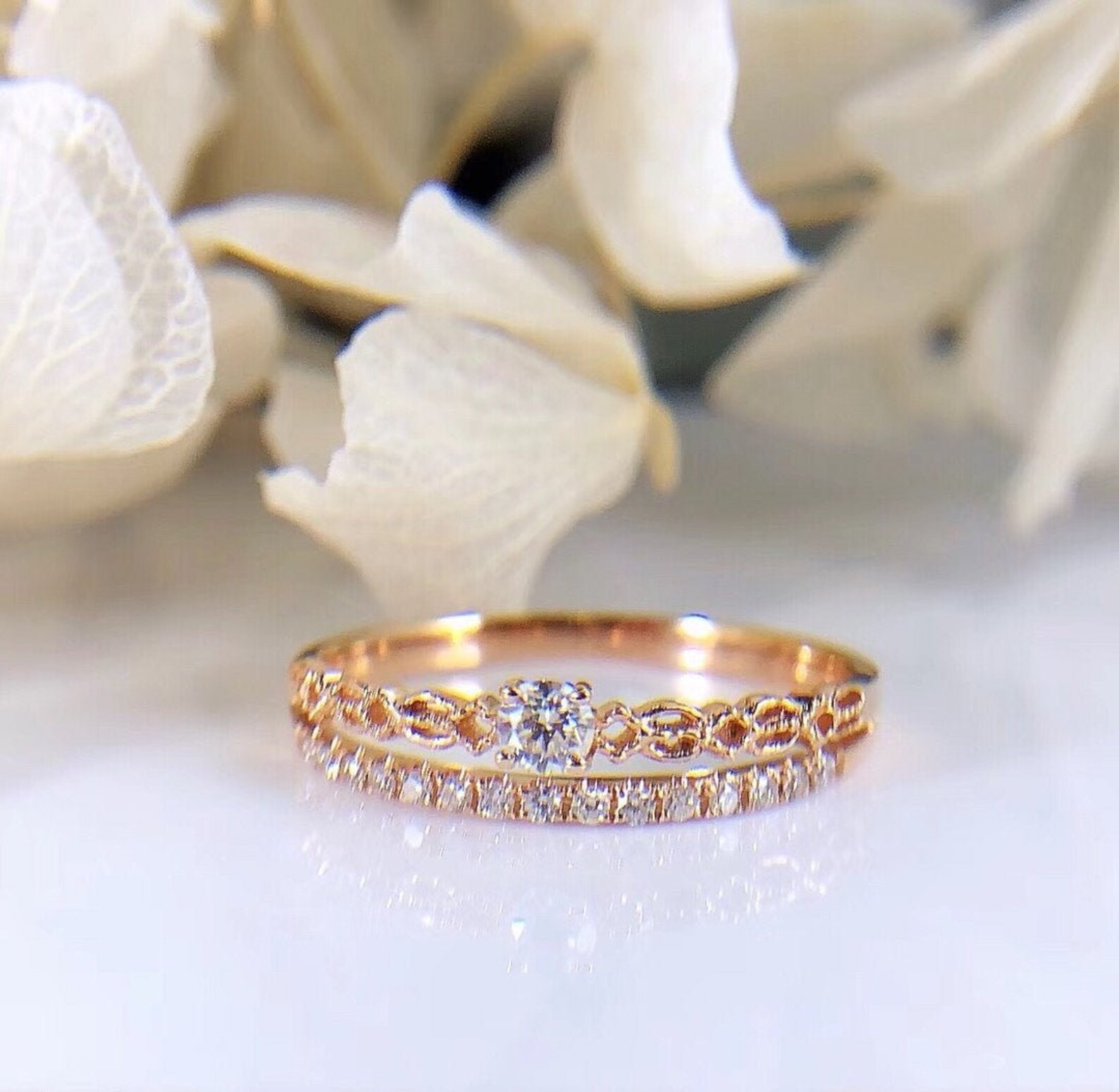 14K Gold Double Layer Diamond Stacked Engagement Ring Simple - Etsy