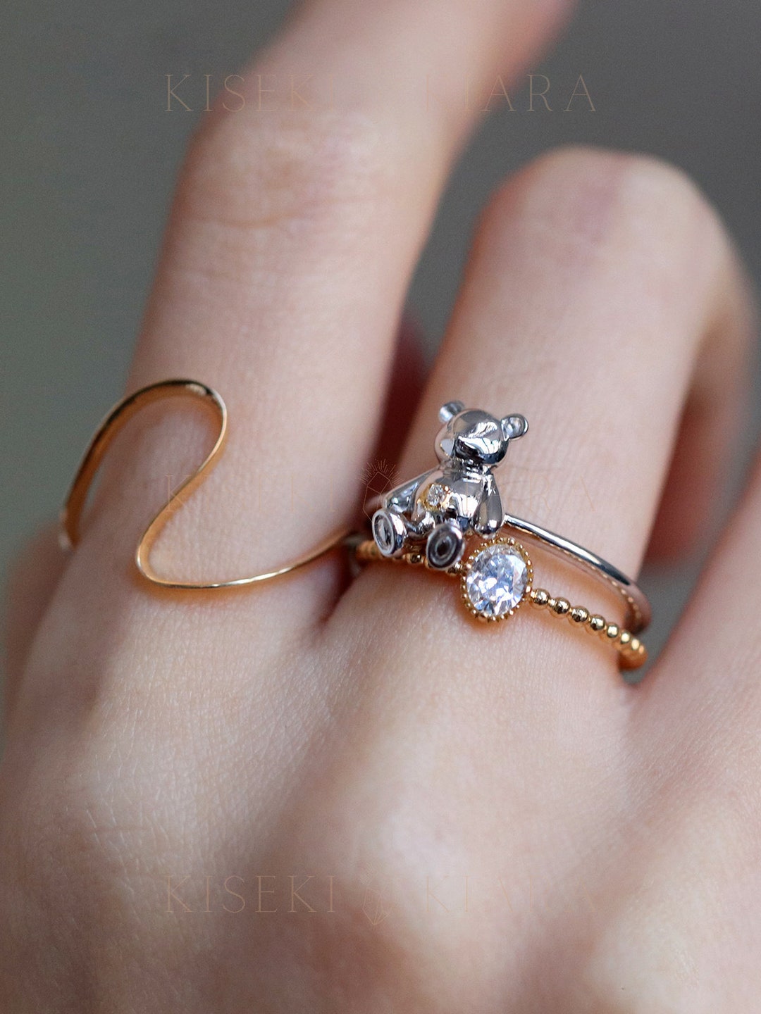 18k Solid Gold Cute Teddy Hug Ring, Teddy Bear Stacking Ring, Animal ...