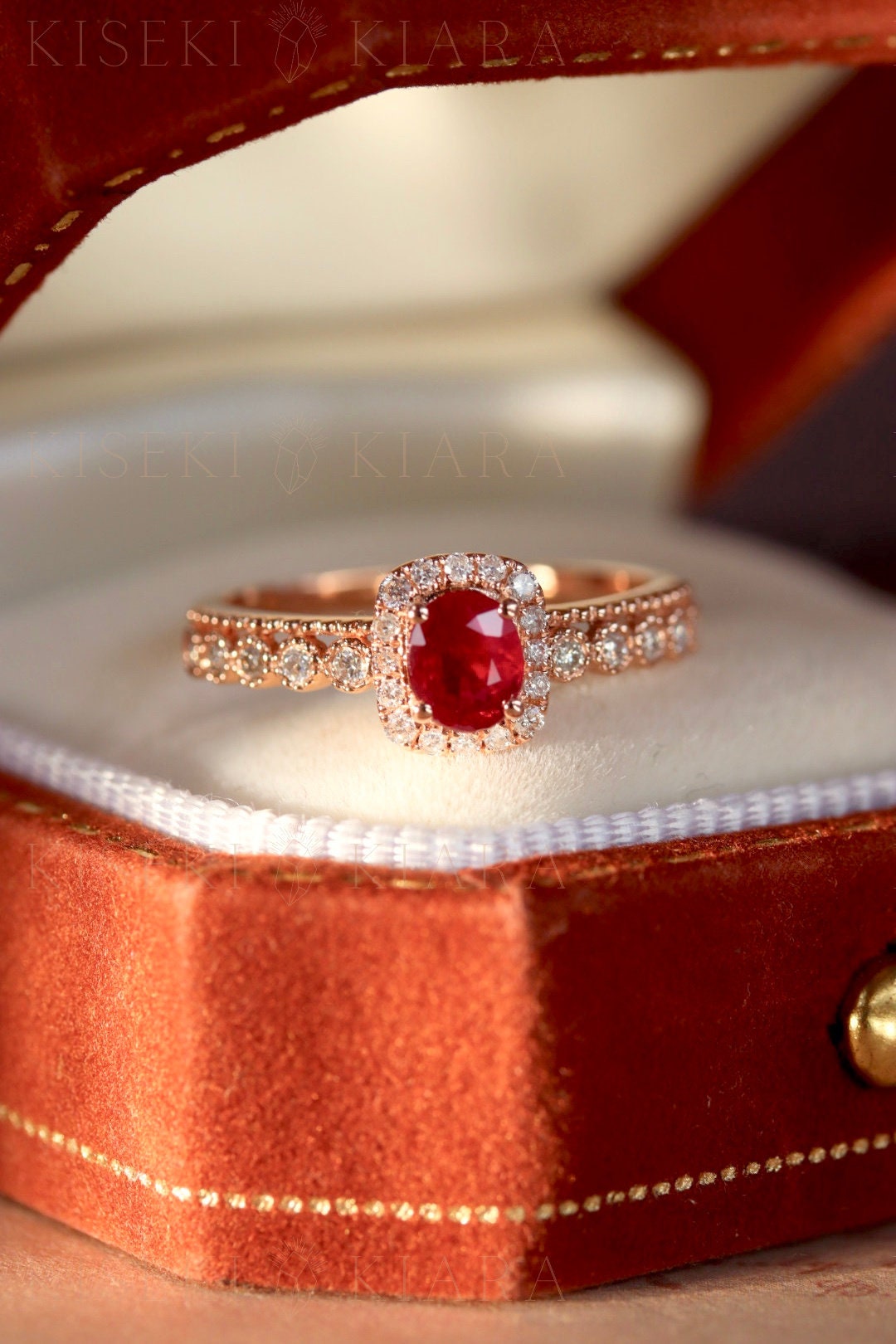 Vintage Ruby Wedding Ring With Milgrain Edging, Oval Ruby Halo Diamond ...