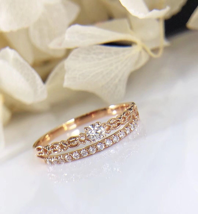 14K Gold Double Layer Diamond Stacked Engagement Ring Simple - Etsy