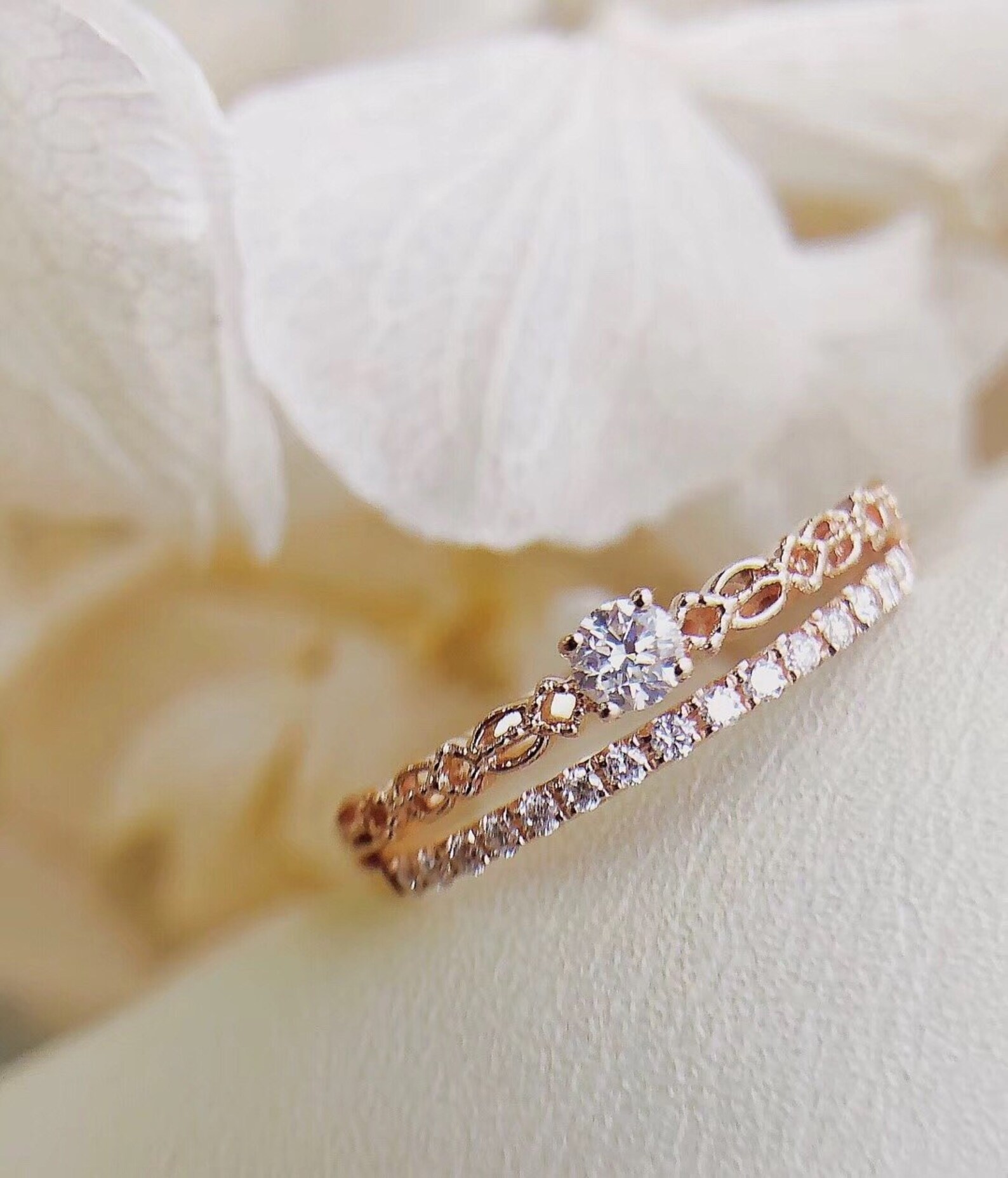 14K Gold Double Layer Diamond Stacked Engagement Ring Simple - Etsy