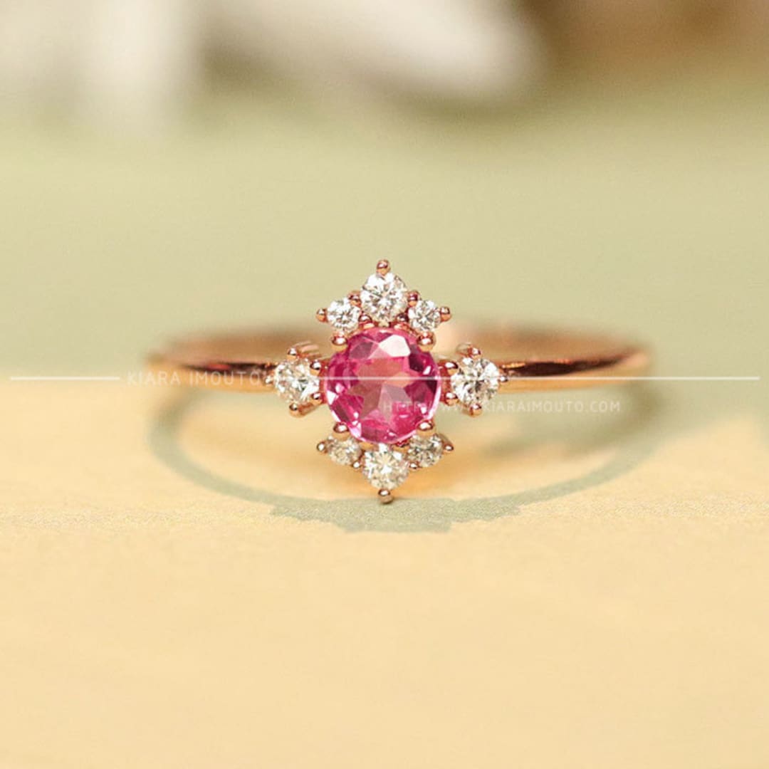 14K Solid Gold Dainty Ring, Pink Spinel Gemstone Ring, Pink Engagement ...