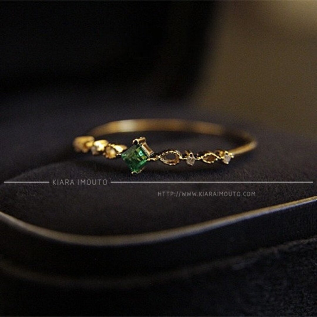 18KT Real Gold Vintage Square Emerald Ring, Green Emerald Diamond Ring ...