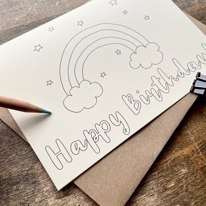 Colour in Cards Birthday Card for Kids Colour in at Home - Etsy
