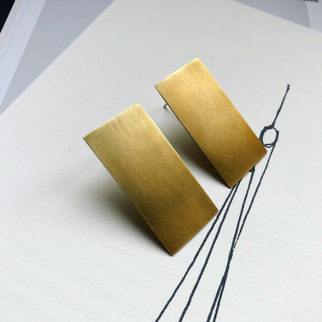 Rectangular Earrings, Matte Brass Architectural Jewelry, Minimalist ...