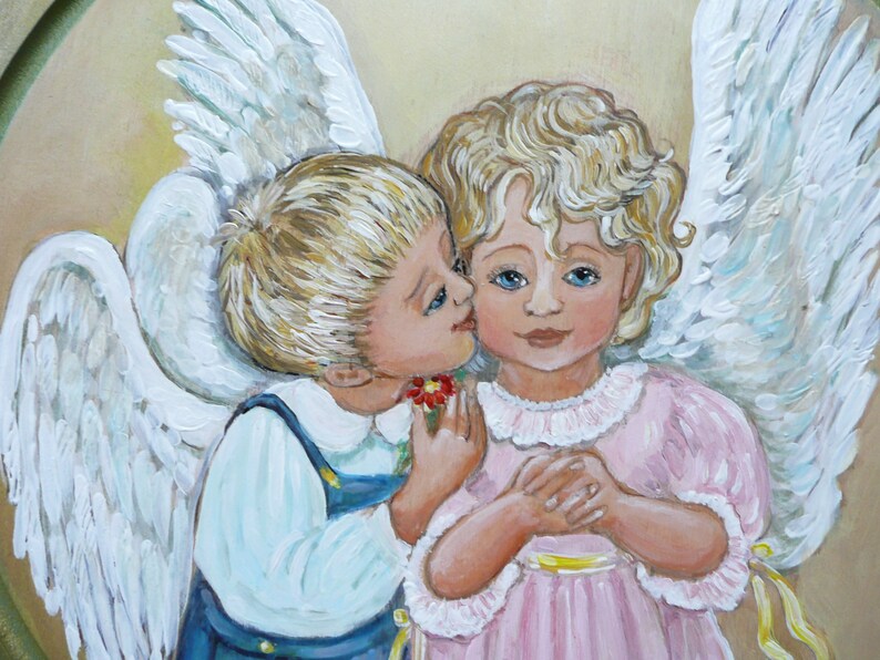 Little Girl and Boy Angels With a Flower- Acrilic Hand Painted on a ...