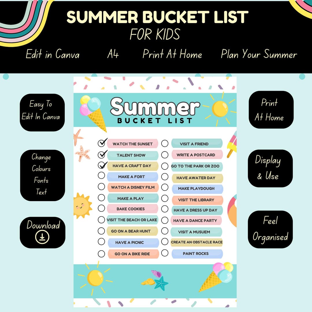 Buy Editable Summer Bucket List for Kids Template Bright A4 Editable ...