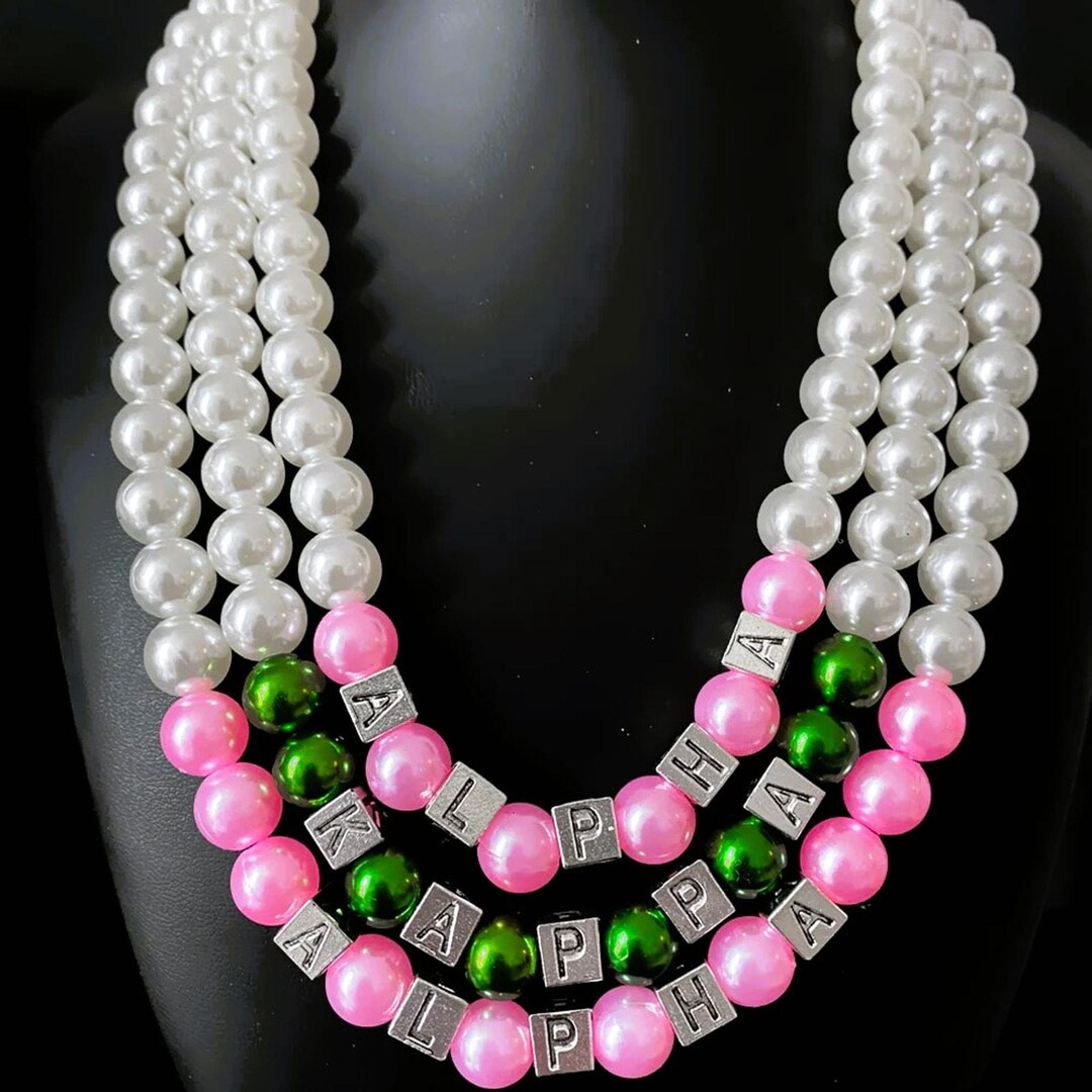 AKA Alpha Kappa Alpha Necklace White, Pink & Green Pearls With Silver ...
