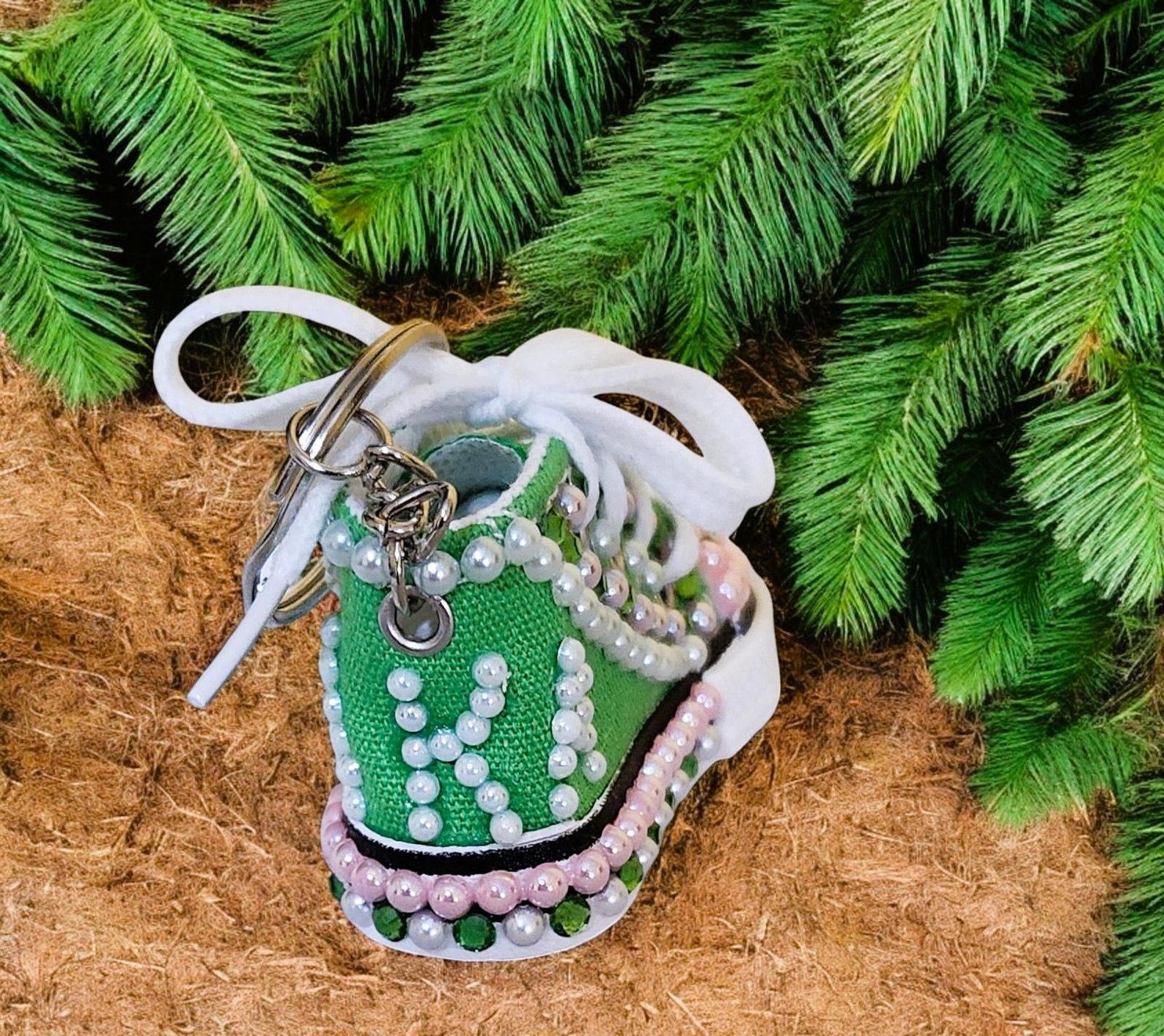 AKA Alpha Kappa Alpha Keychain Pink Pearls & Green Rhinestones Custom ...