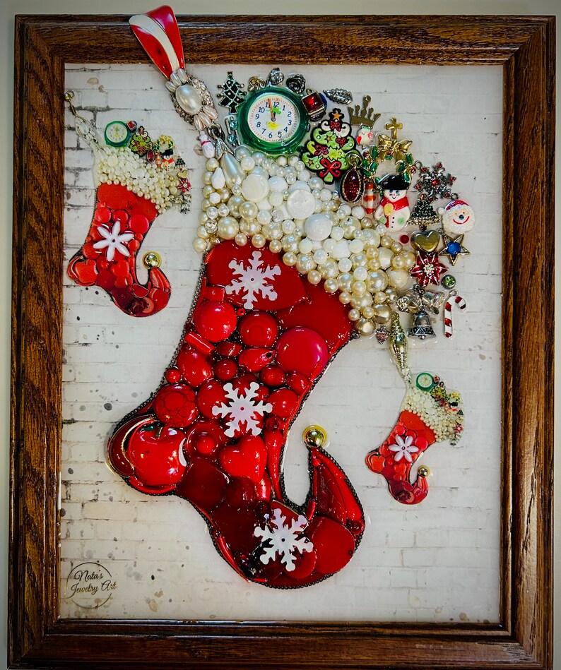 Christmas Stocking, Framed Jewelry One of a Kind Art, Unique Gift, Home ...