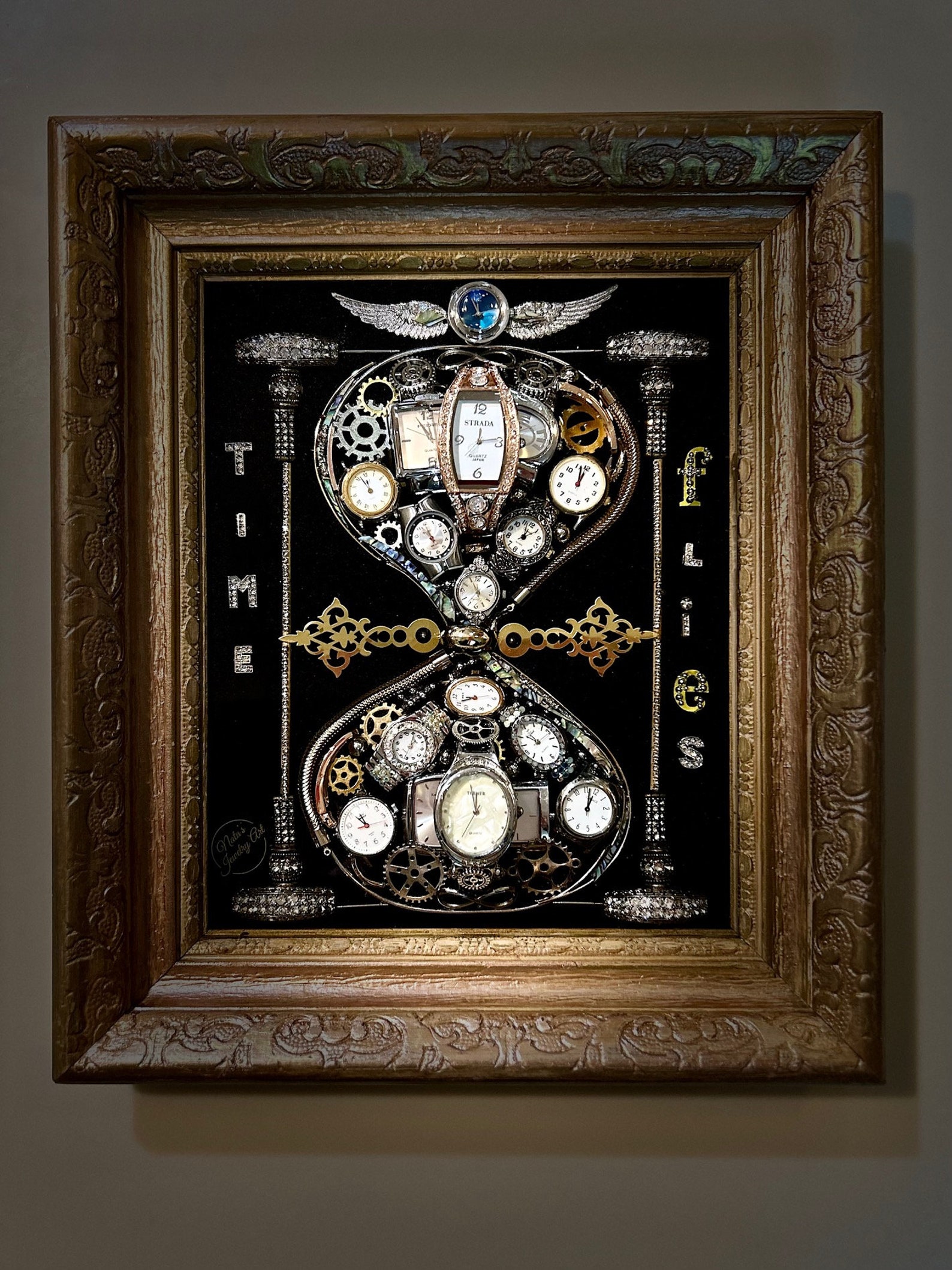 Time Flies, Hourglass, Sand Timer, Framed Jewelry One of Kind Art ...