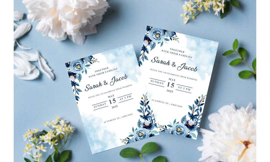Blue Flower Wedding Invitation Template, Printable Wedding Invitation ...