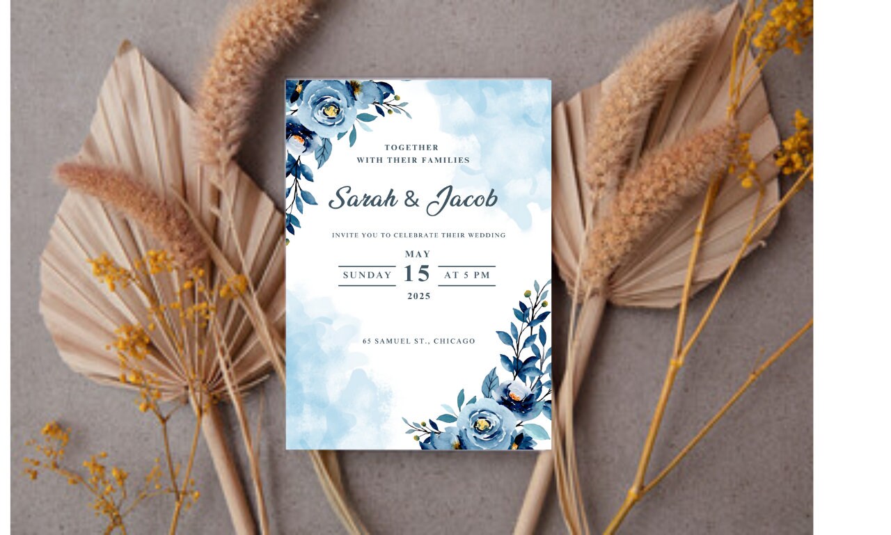 Blue Flower Wedding Invitation Template, Printable Wedding Invitation ...