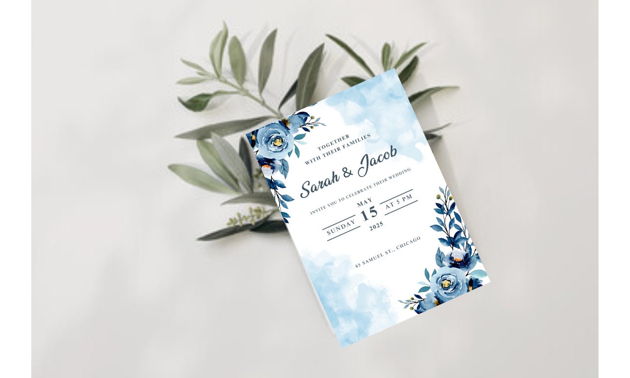 Blue Flower Wedding Invitation Template, Printable Wedding Invitation ...