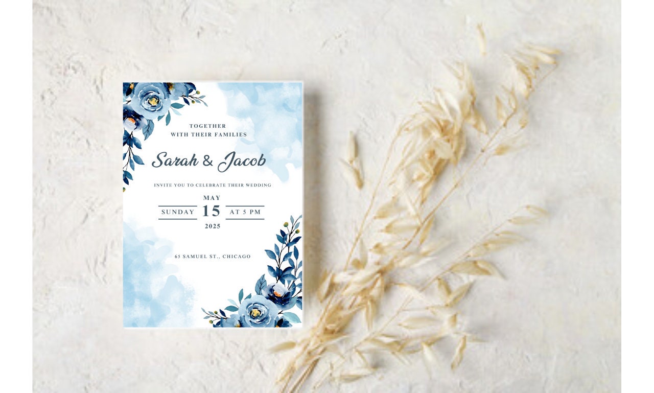 Blue Flower Wedding Invitation Template, Printable Wedding Invitation ...