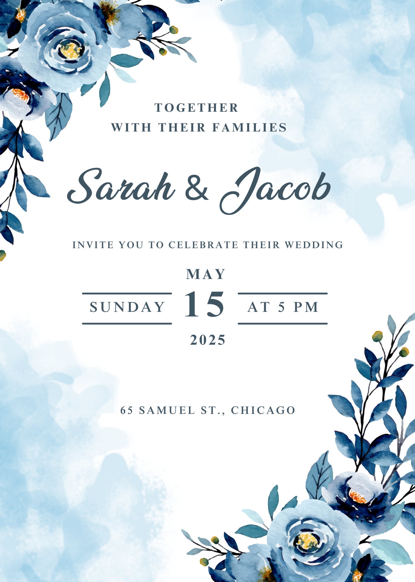 Blue Flower Wedding Invitation Template, Printable Wedding Invitation ...