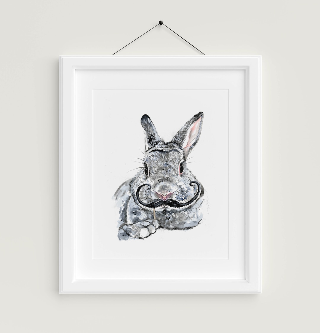 Gray Bunny Wearing Fake Mustache, Handmade Watercolor and Charcoal ...