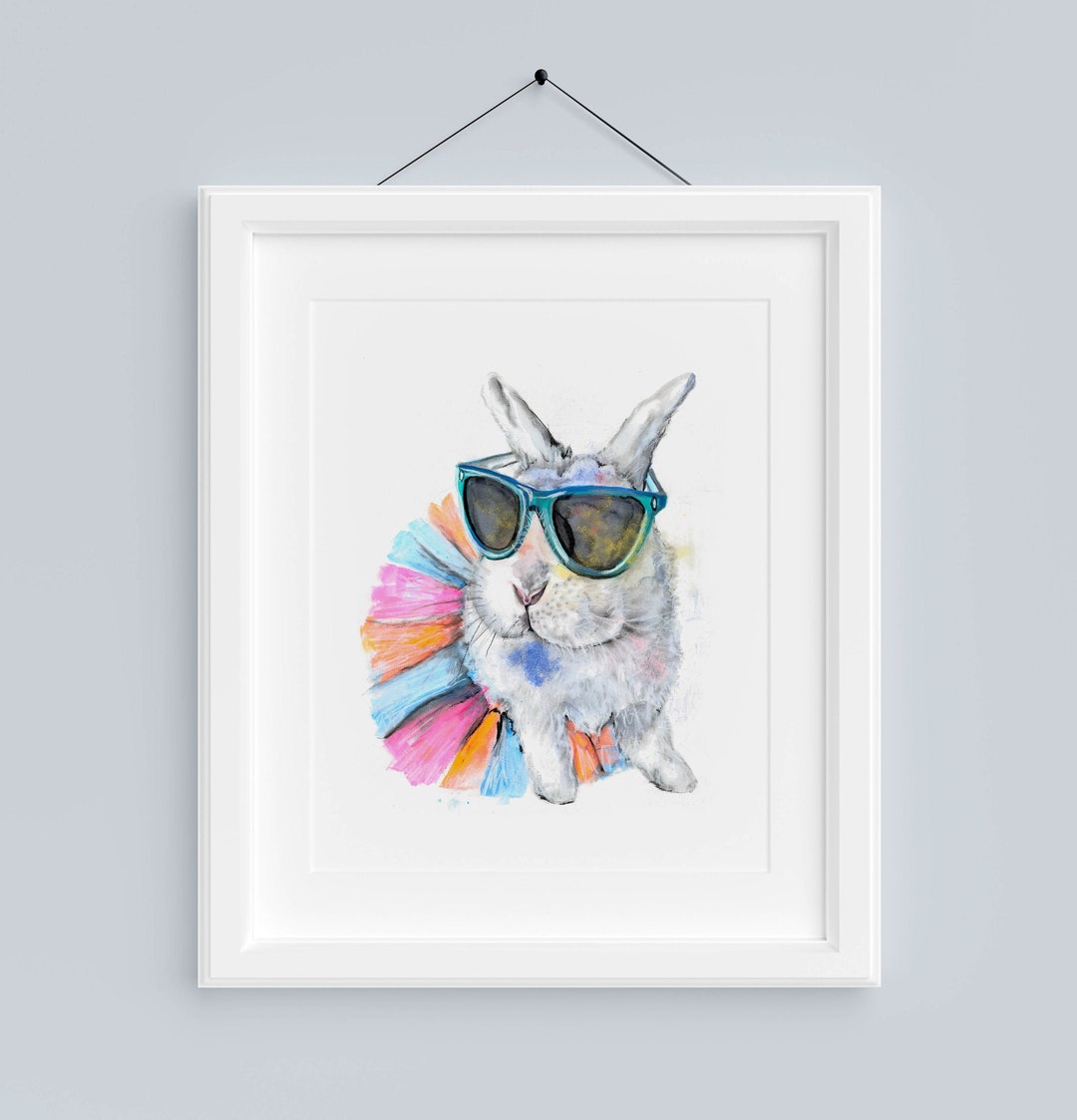 White Rabbit Wearing Tutu and Sunglasses, Handmade Watercolor Print ...