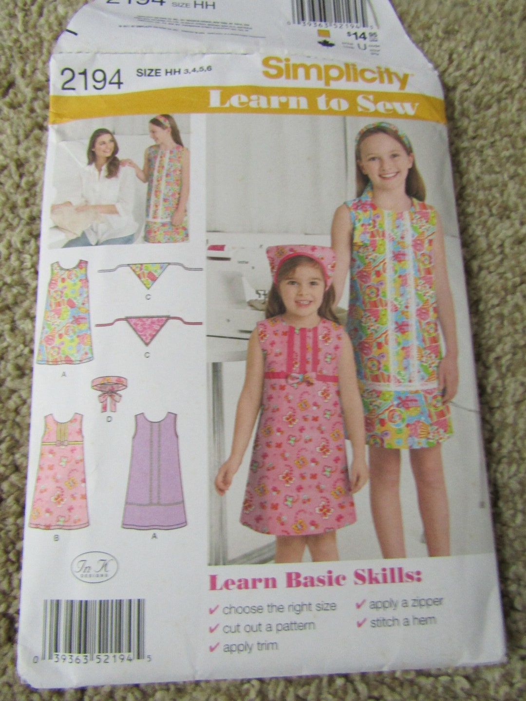 2011 Simplicity Learn to Sew Pattern 2194 Girl's Dress Scarf Headband ...
