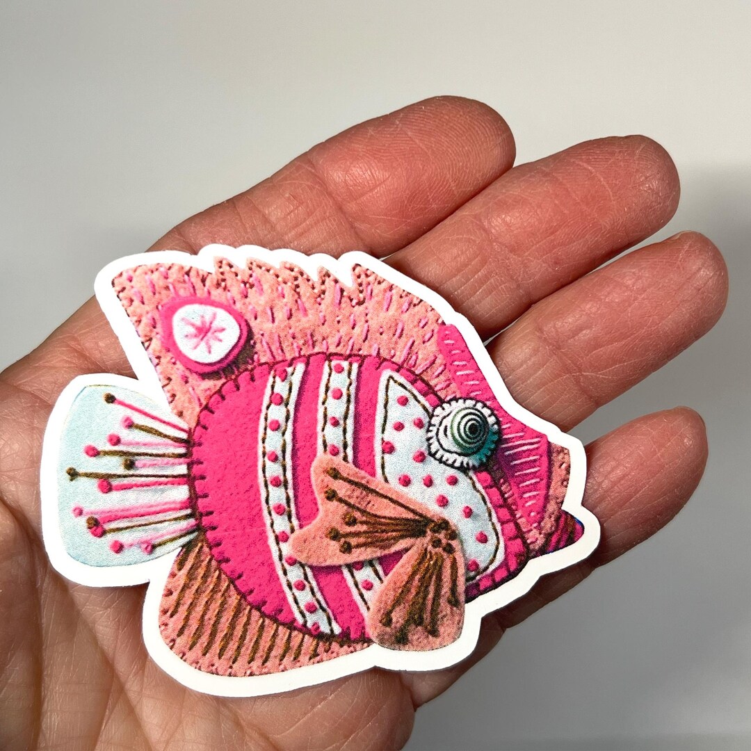 Fish Sticker, Appliqué Pink Tropical Fish Art Sticker, Embroidered Fish ...